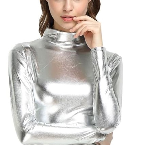 Dresses | Wolf Unitard Shiny Silver Metallic Turtleneck Wet Look Mini ...
